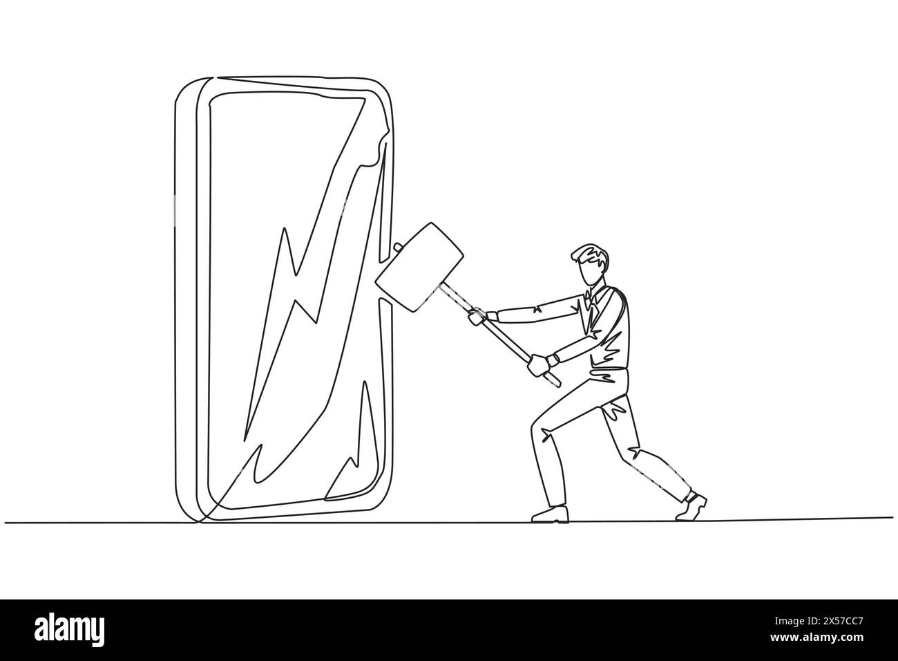 Continuous one line drawing businessman preparing to hit big smartphone ...