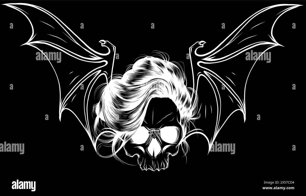 white silhouette of skull and bat wing on black background vector ...
