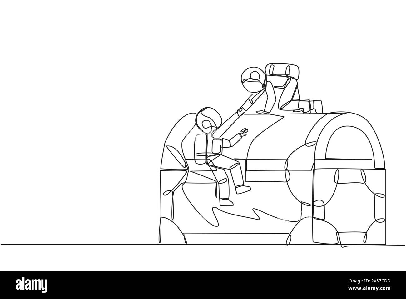 Single continuous line drawing young astronaut helps colleague climbing ...