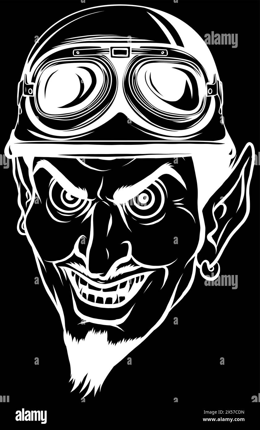 white silhouette of Hand drawing of devil wearing motorcycle helmet on ...