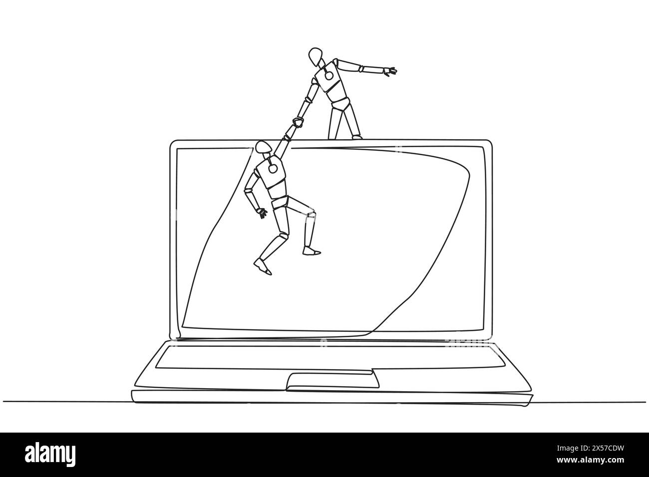 Single continuous line drawing smart robot helps colleague to climb a ...