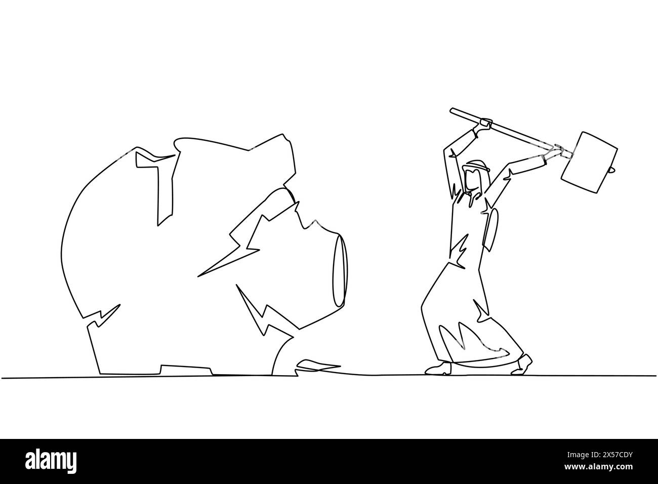 Single continuous line drawing Arabian businessman preparing to hit the ...