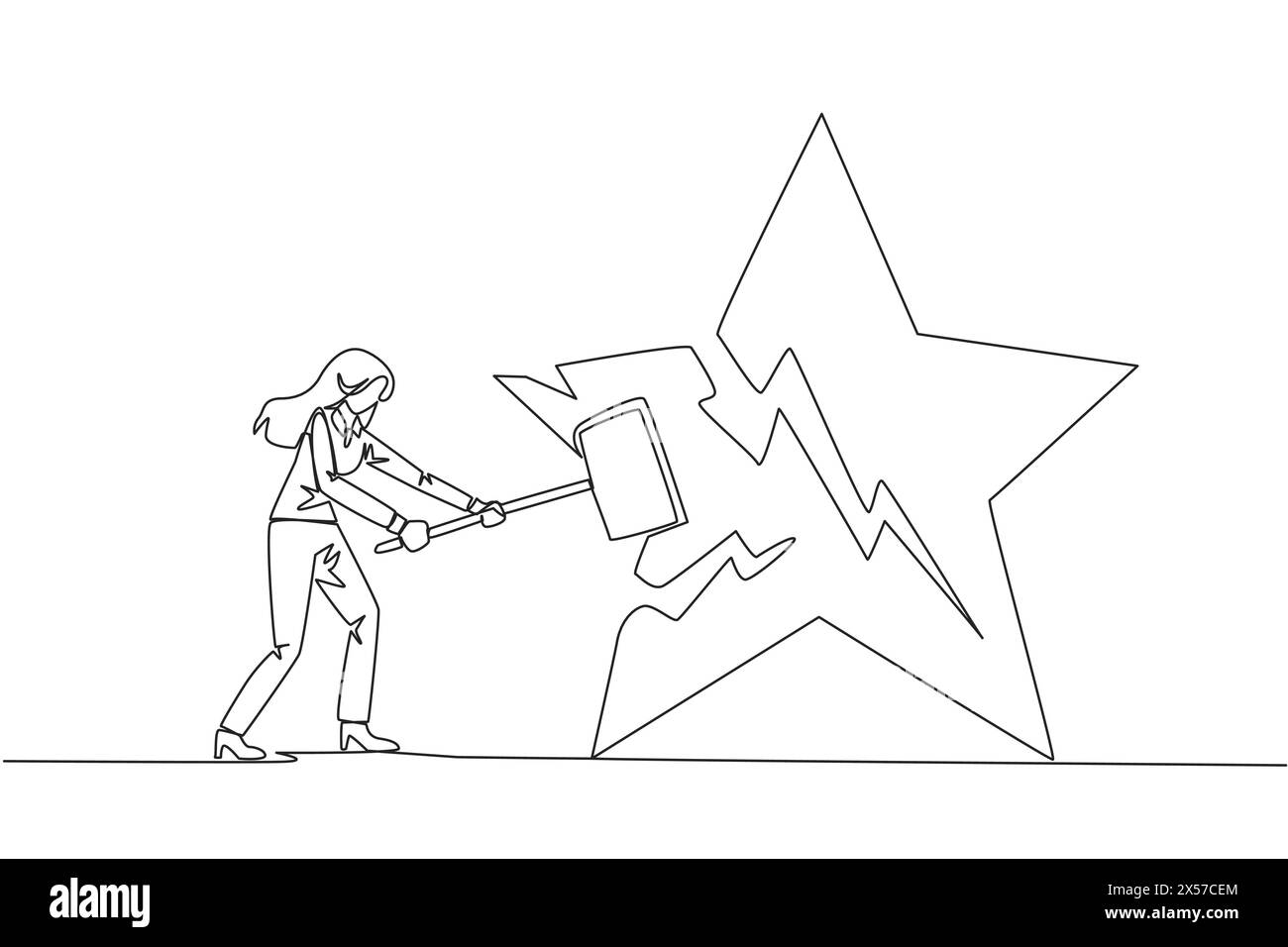 Single continuous line drawing businesswoman preparing to hit big star ...