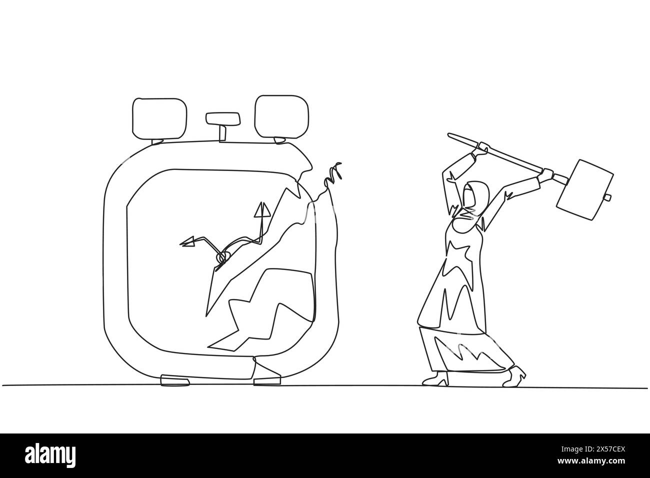 Single continuous line drawing Arab businesswoman preparing to hit ... Single continuous line drawing Arab businesswoman preparing to hit ...