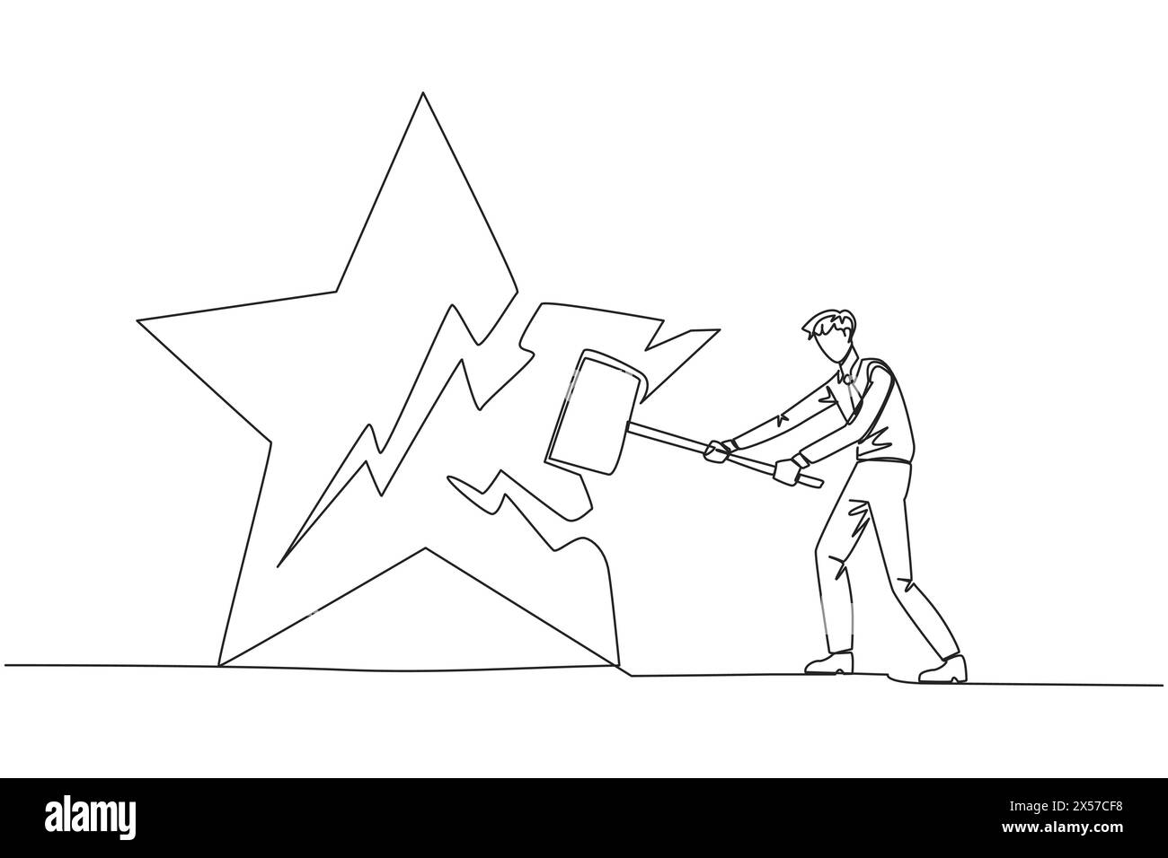 Single continuous line drawing businessman preparing to hit big star ...