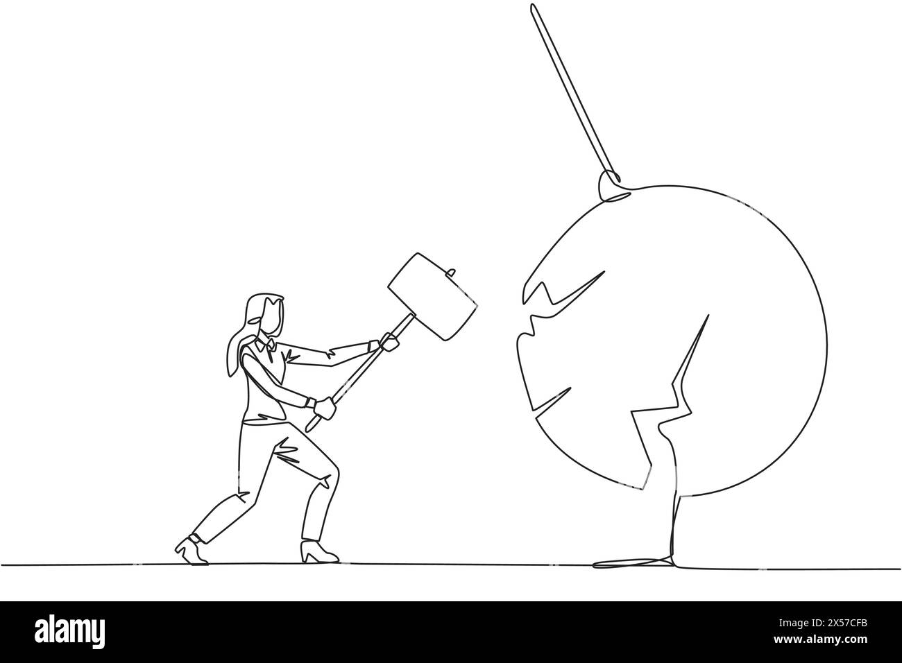 Continuous one line drawing businesswoman preparing to hit big swinging ...