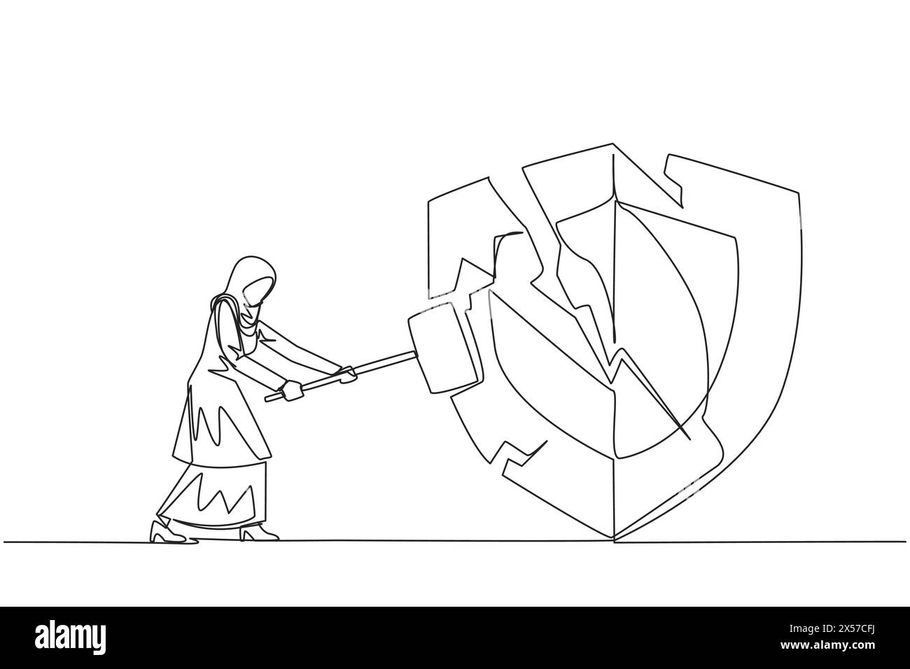 Continuous one line drawing Arabian businesswoman preparing to hit ...