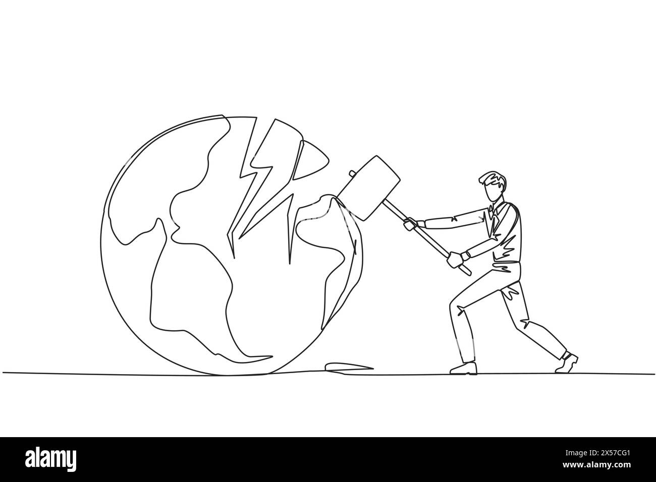 Continuous one line drawing businessman preparing to hit the big globe ...