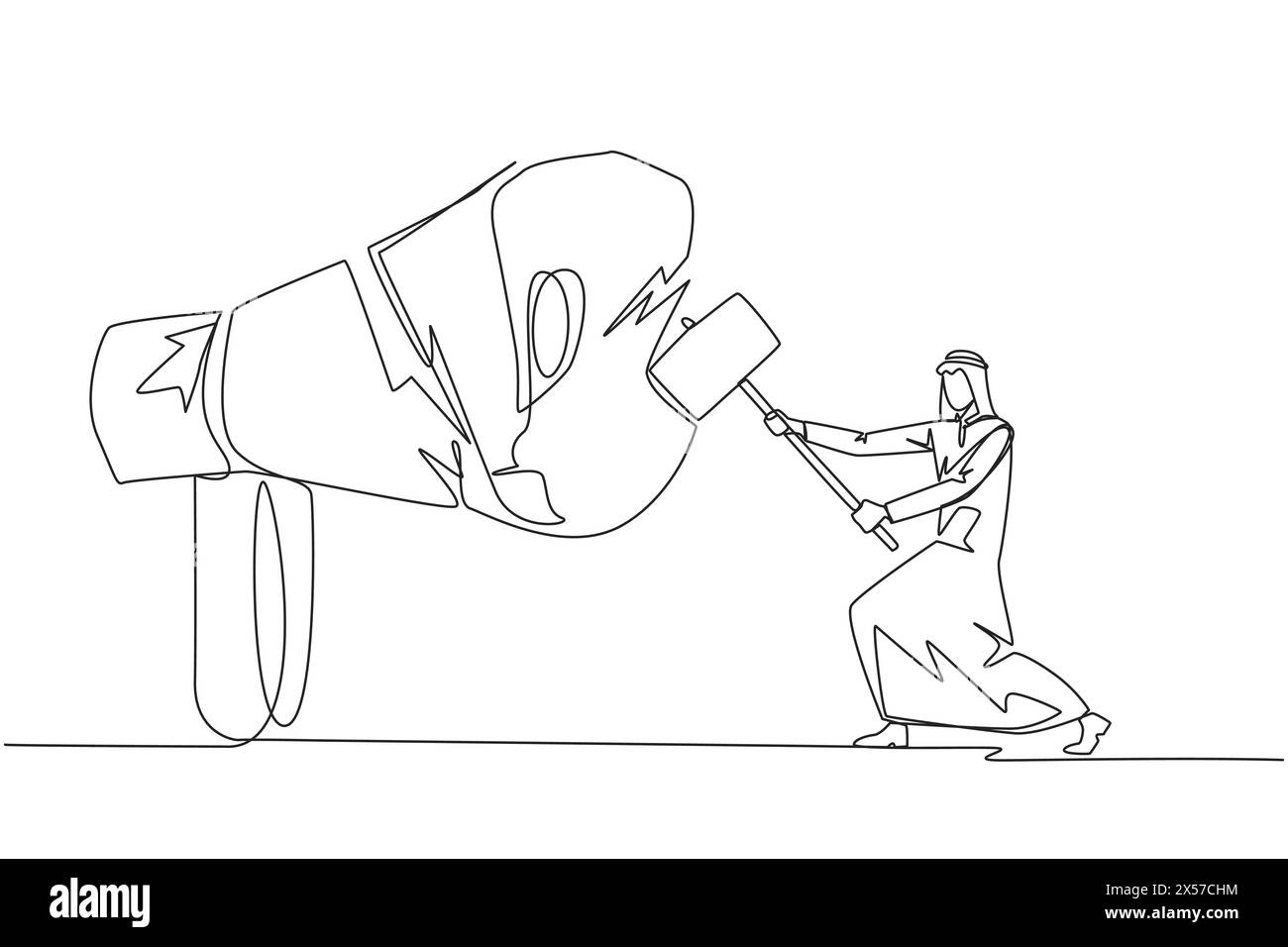 Single continuous line drawing Arabian businessman preparing to hit a ...