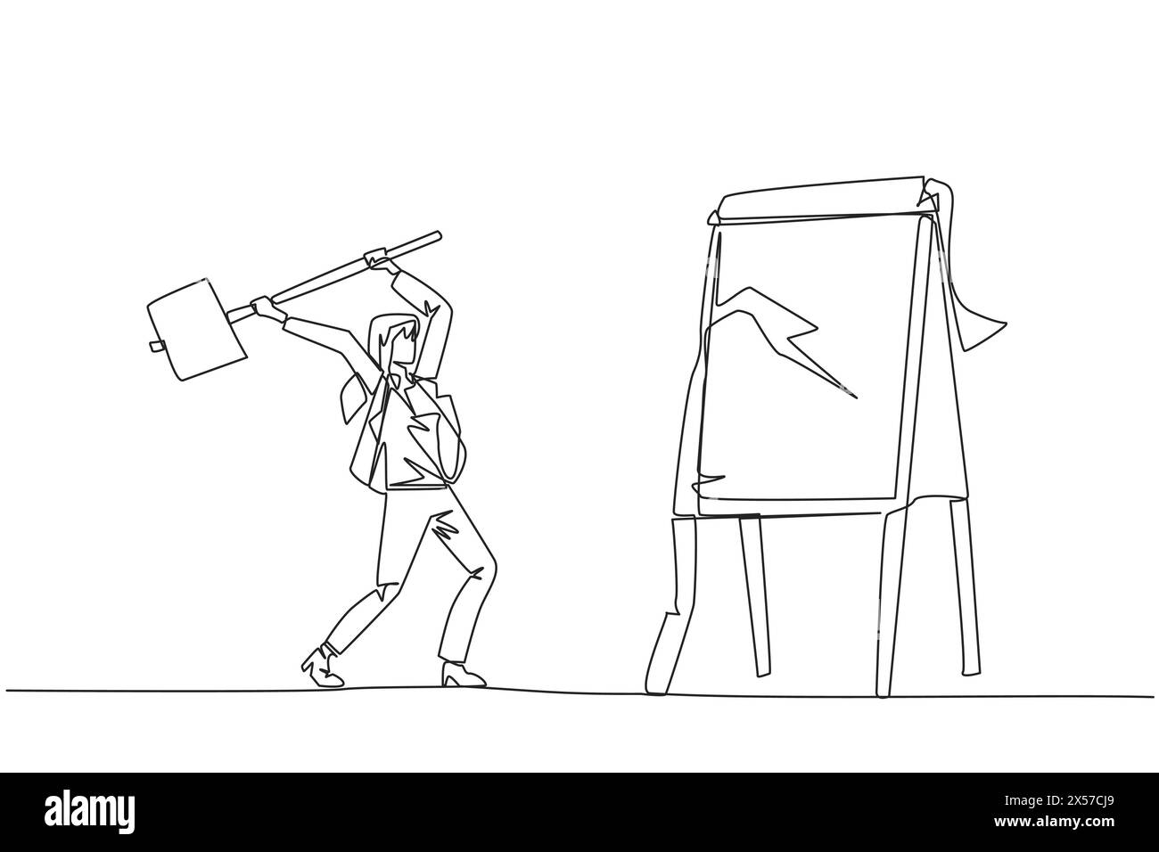 Single continuous line drawing businesswoman preparing to hit big flip ...