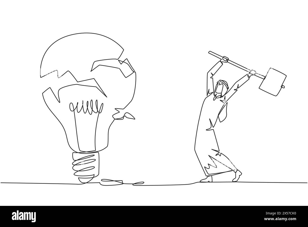 Single continuous line drawing Arabian businessman preparing to hit a ...