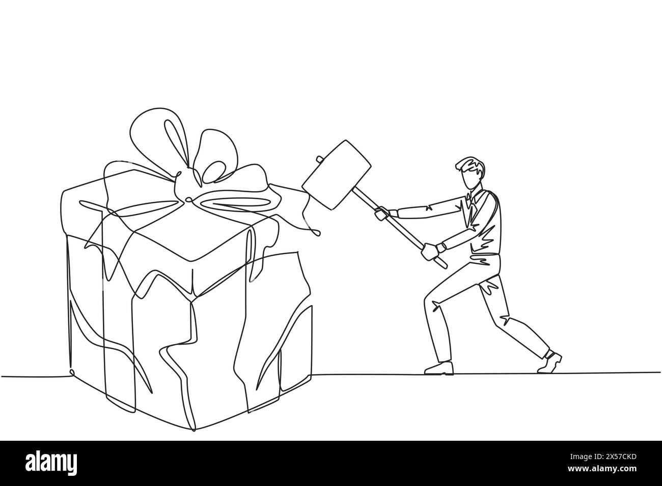 Single one line drawing businessman preparing to hit a big gift box ...