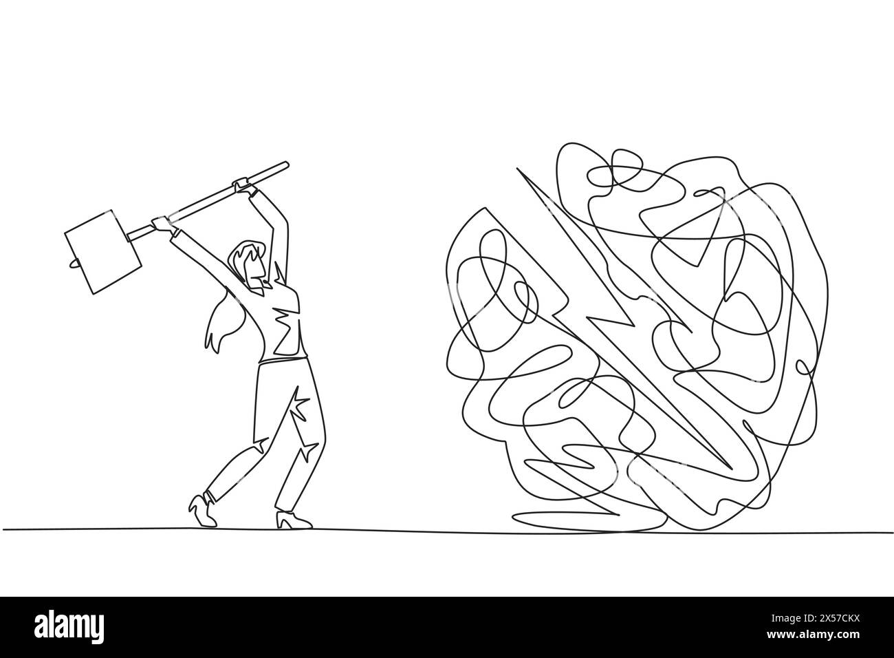 Single one line drawing businesswoman preparing to hit the big mess ...