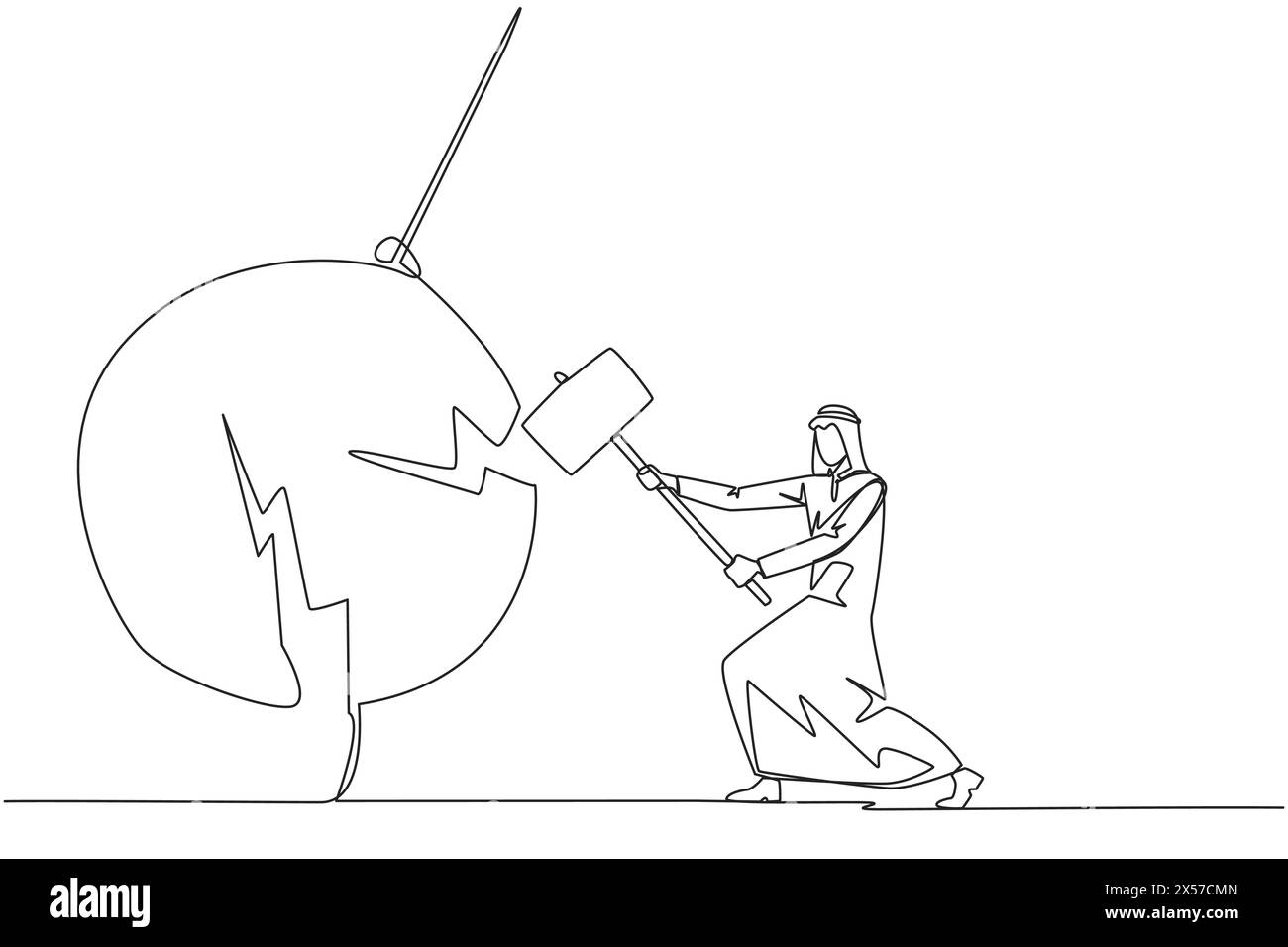 Single continuous line drawing Arab businessman preparing to hit big ...