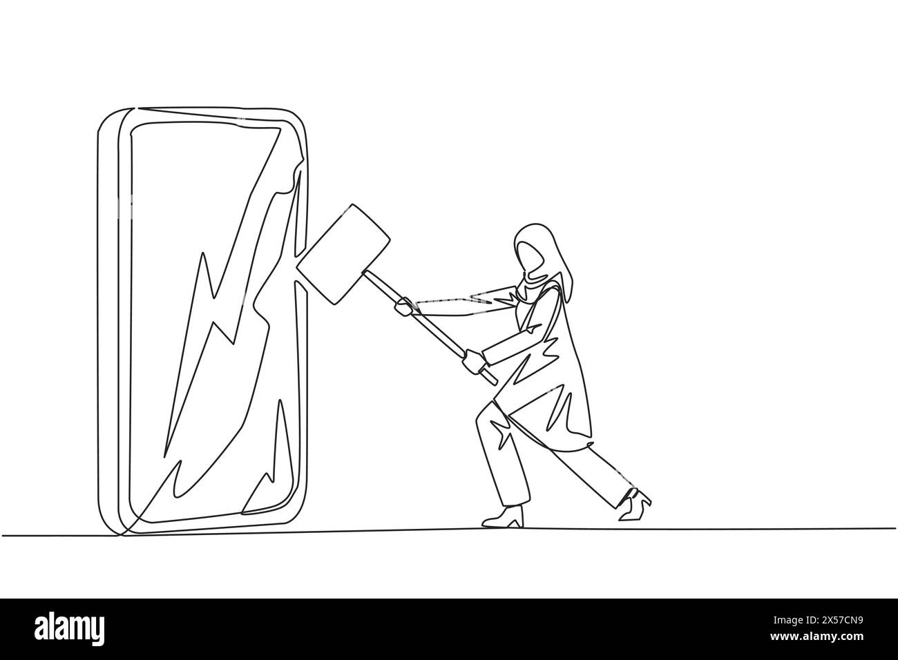 Single continuous line drawing Arabian businesswoman preparing to hit ...