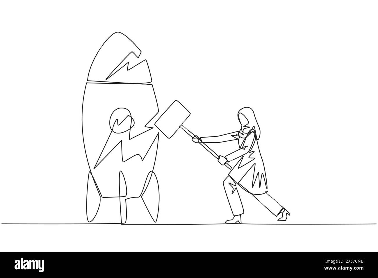 Single continuous line drawing Arabian businesswoman preparing to hit ...