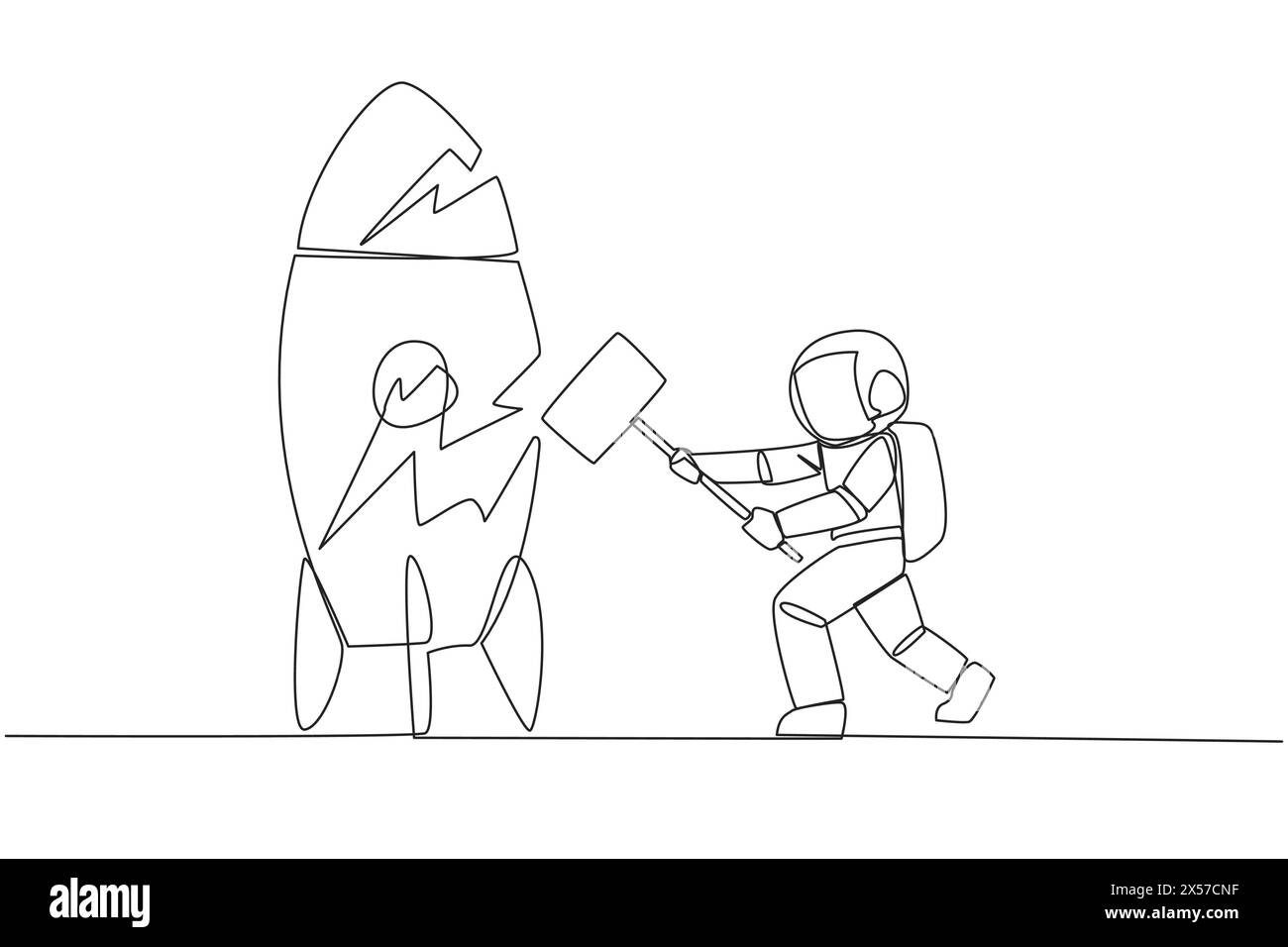 Single continuous line drawing young astronaut preparing to hit a ...