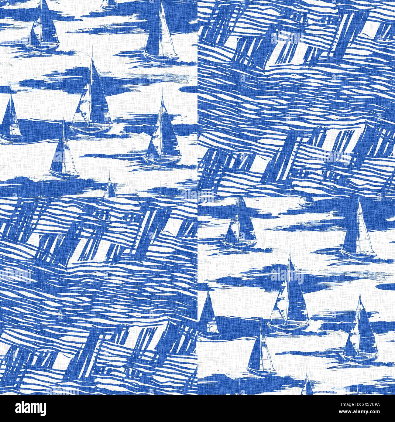 Coastal summer patchwork sail boat in azure ocean blue seamless ...