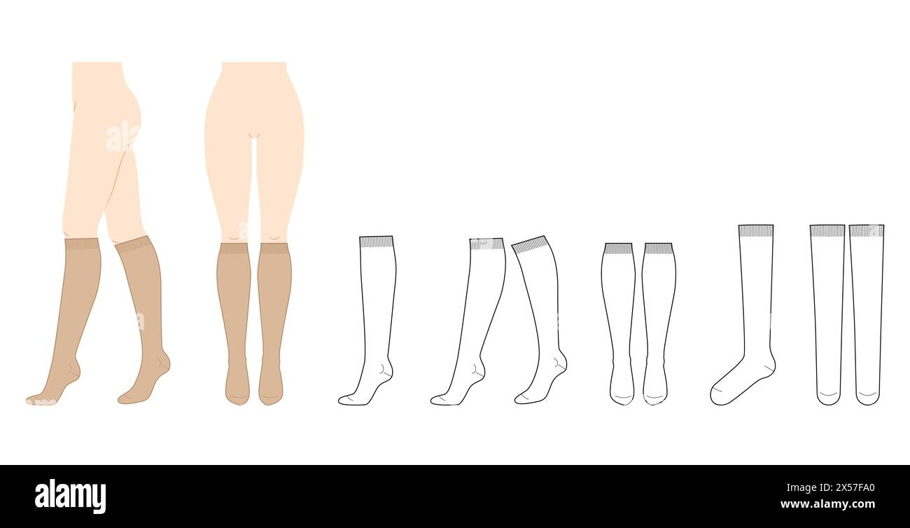 Knee-high Socks length set on women legs and CAD flat template mockup ...