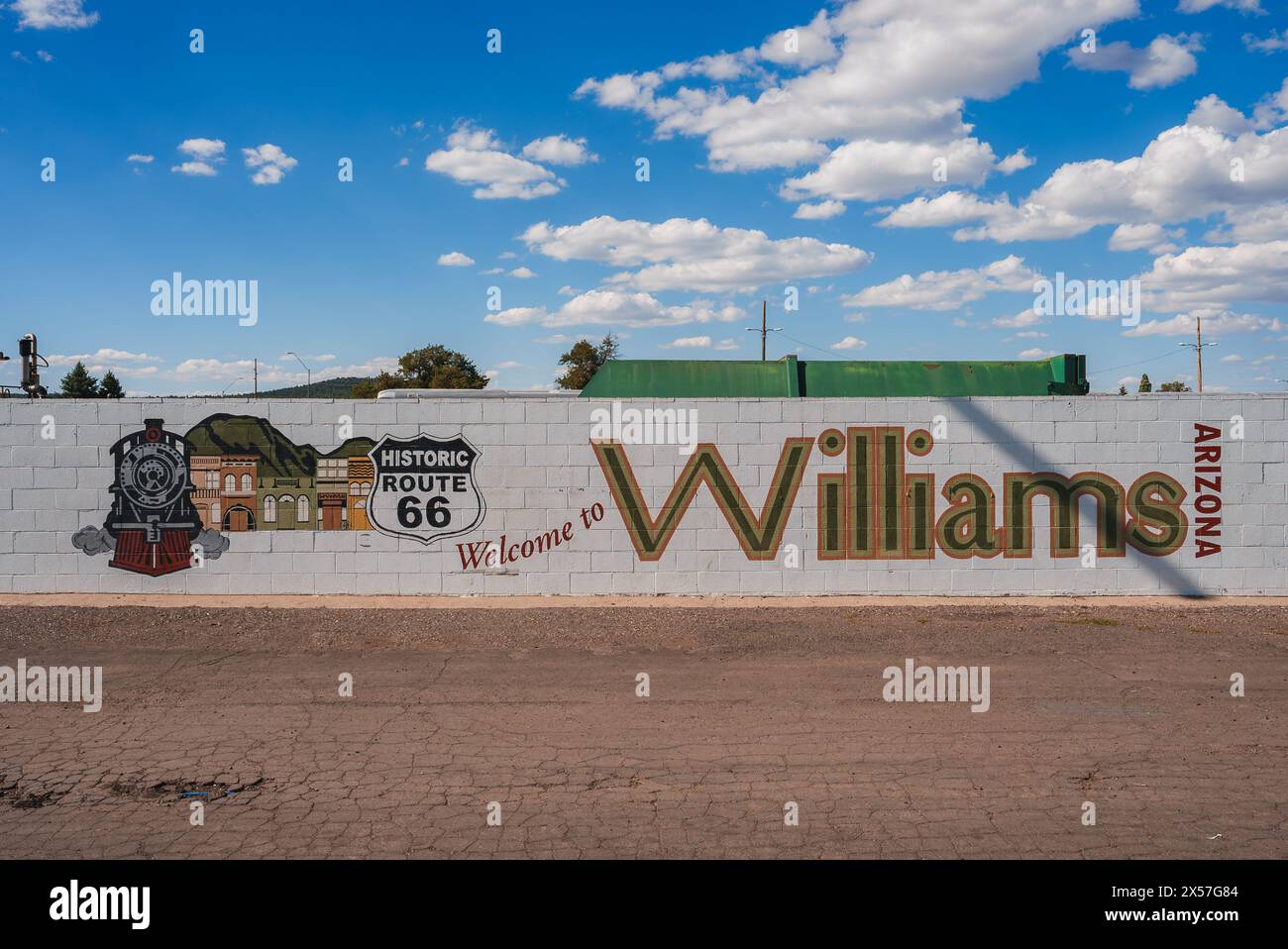 Large mural with Williams' name, Route 66, and Arizona state, under ...