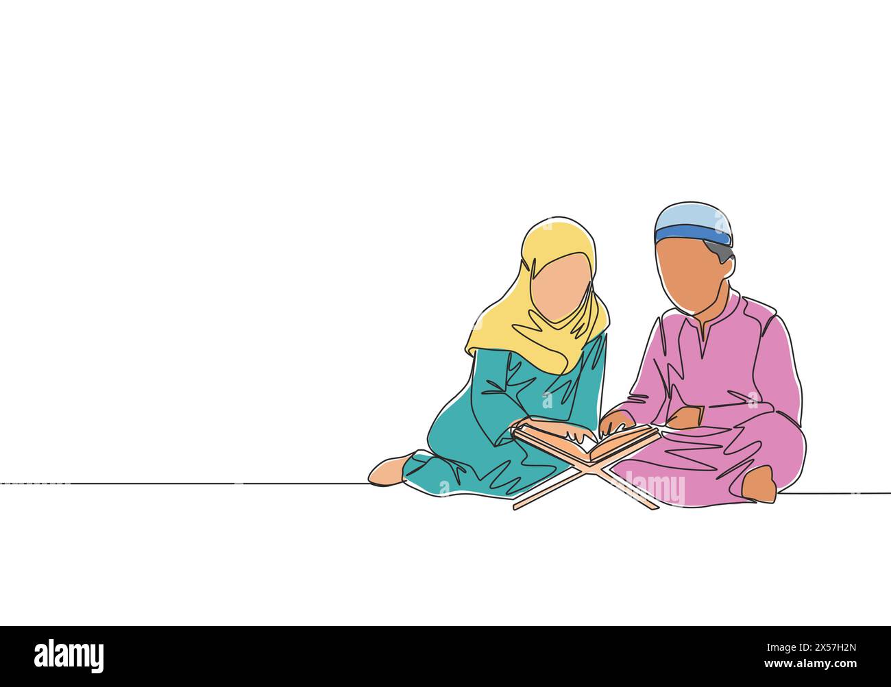 One continuous line drawing of muslim and muslimah kids reading and ...