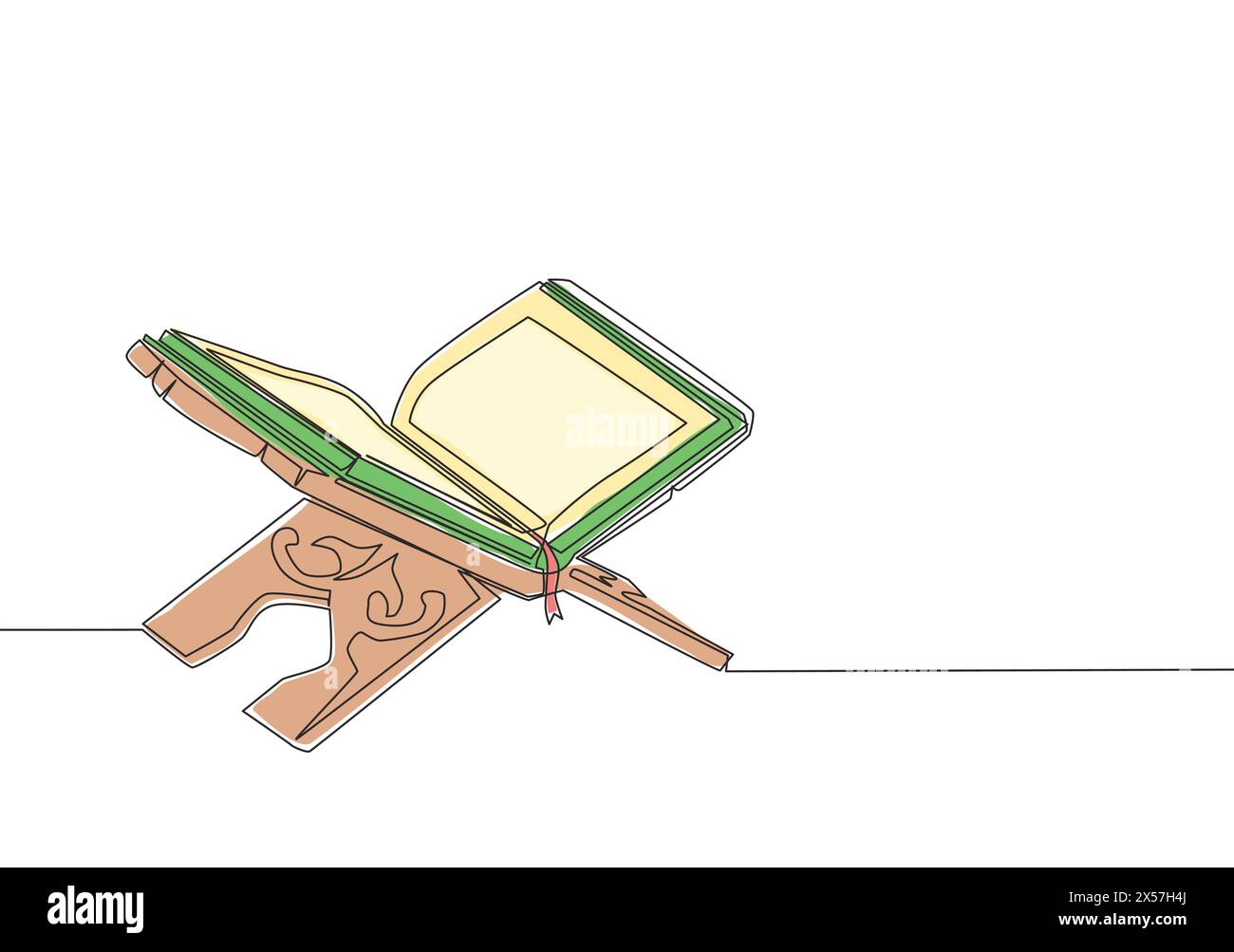 Single continuous line drawing of open Quran, holy book muslim, on ...