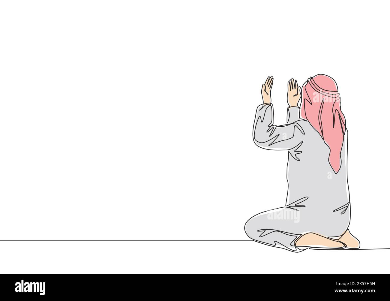 Single continuous line drawing of muslim person raise and open hands ...