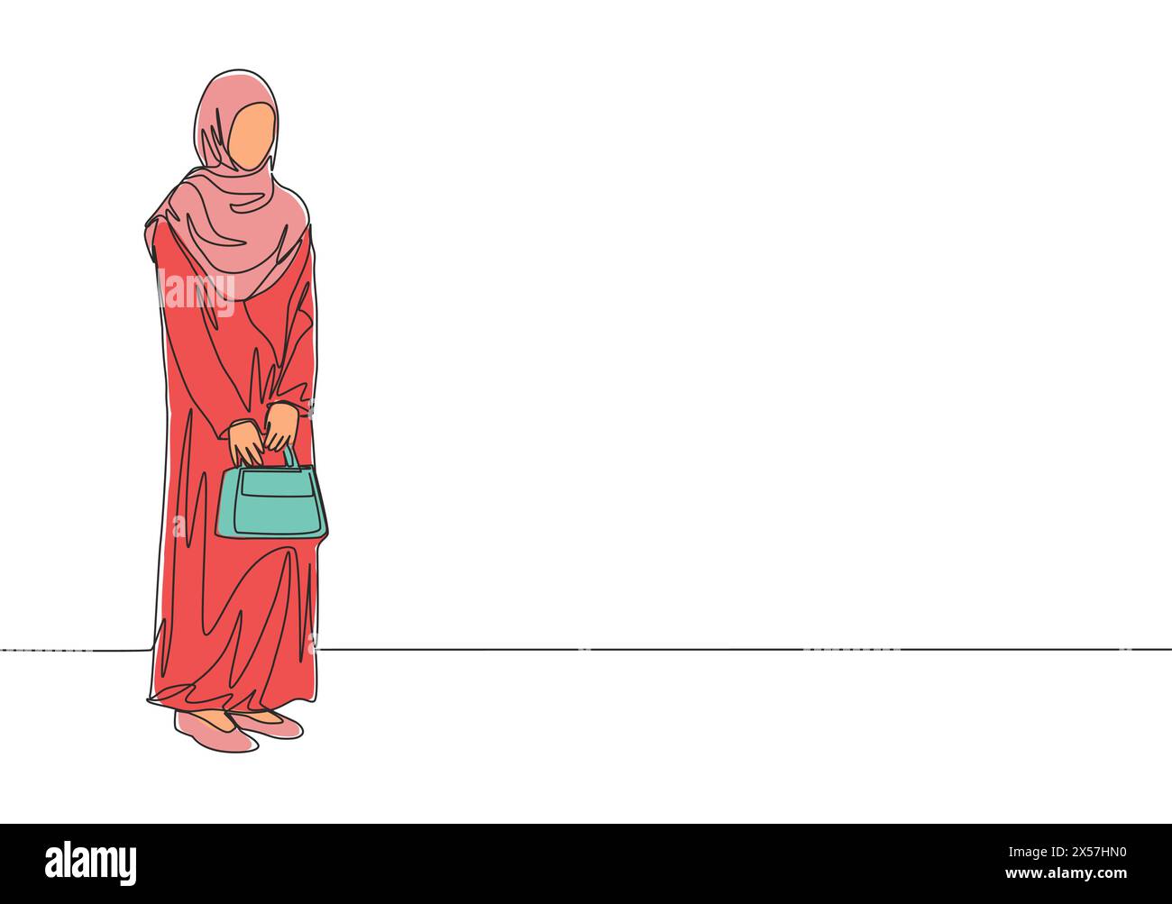 One continuous line drawing of young attractive muslimah with ...