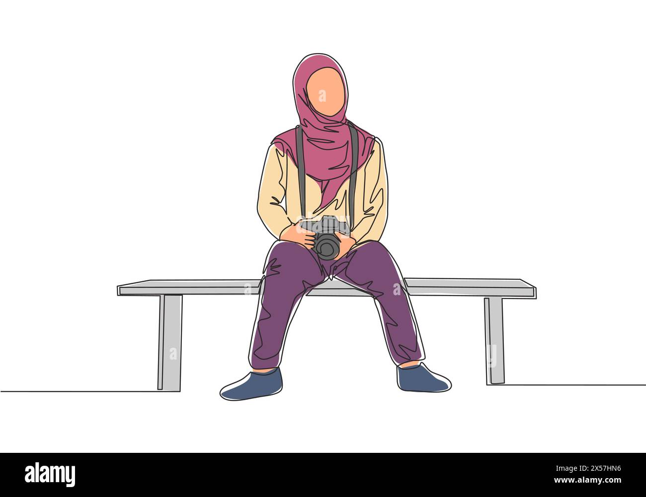 Single continuous line drawing of young cute muslimah sitting on chair ...