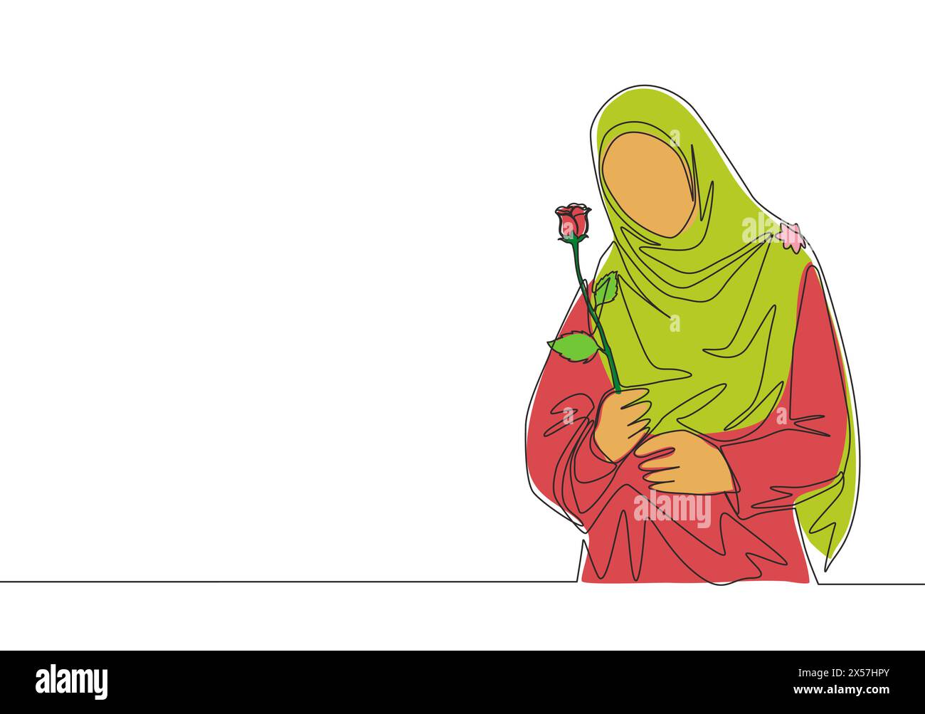 Single continuous line drawing of young happy cute muslimah with ...