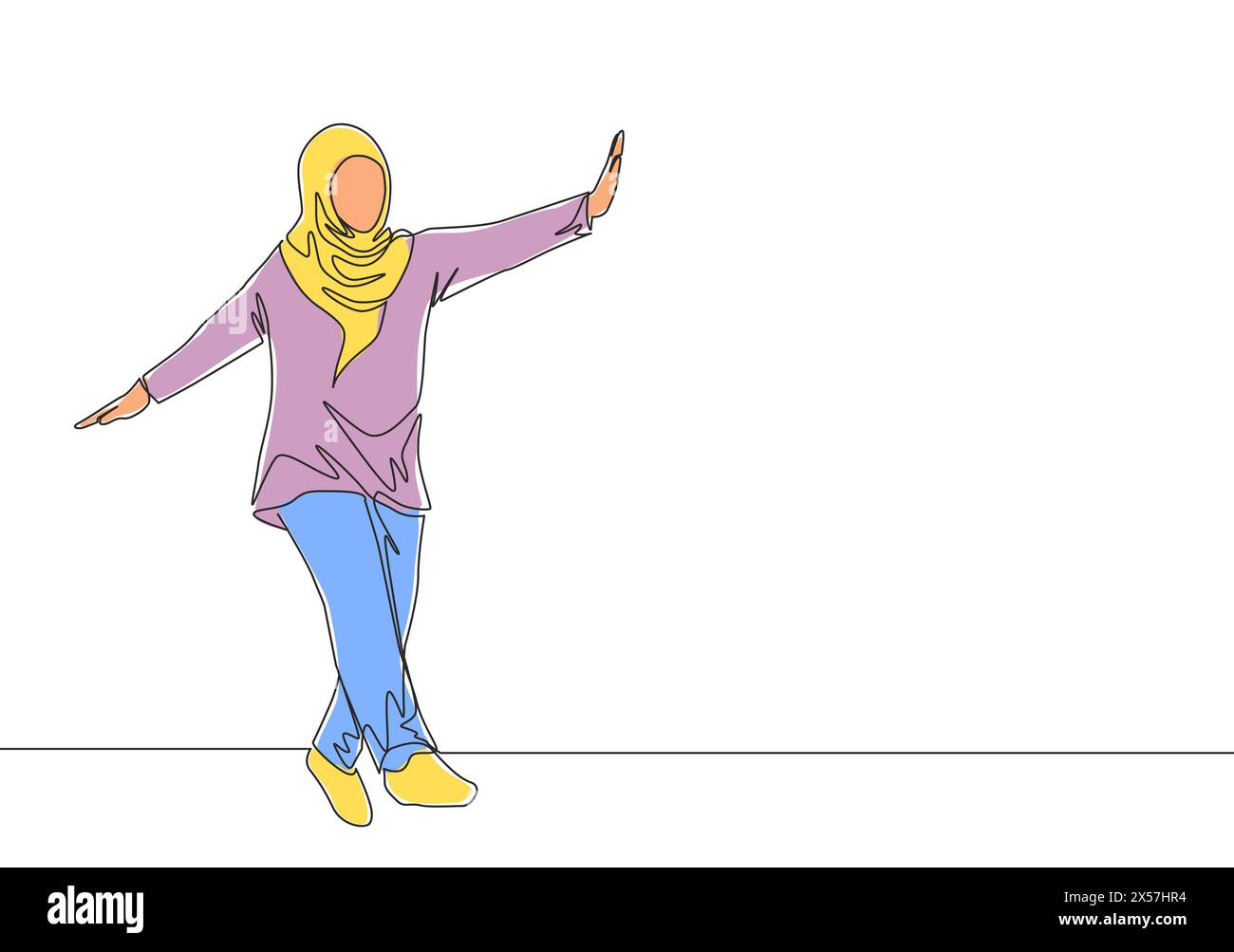 One continuous line drawing of young beautiful happy muslimah with ...
