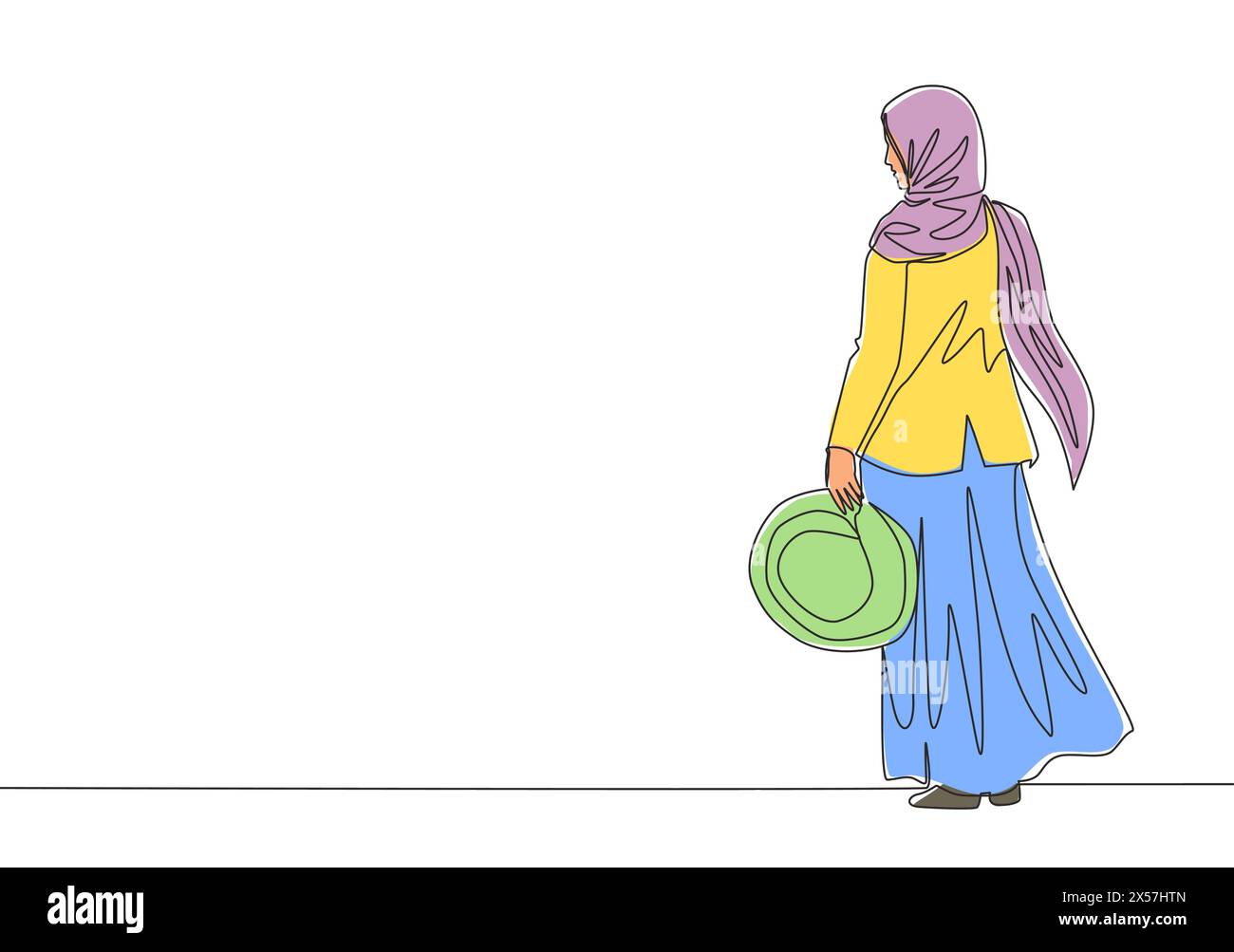 One continuous line drawing of young happy pretty muslimah on headscarf ...