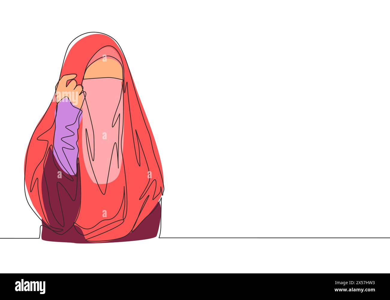 One single line drawing of young happy attractive Asian muslimah ...