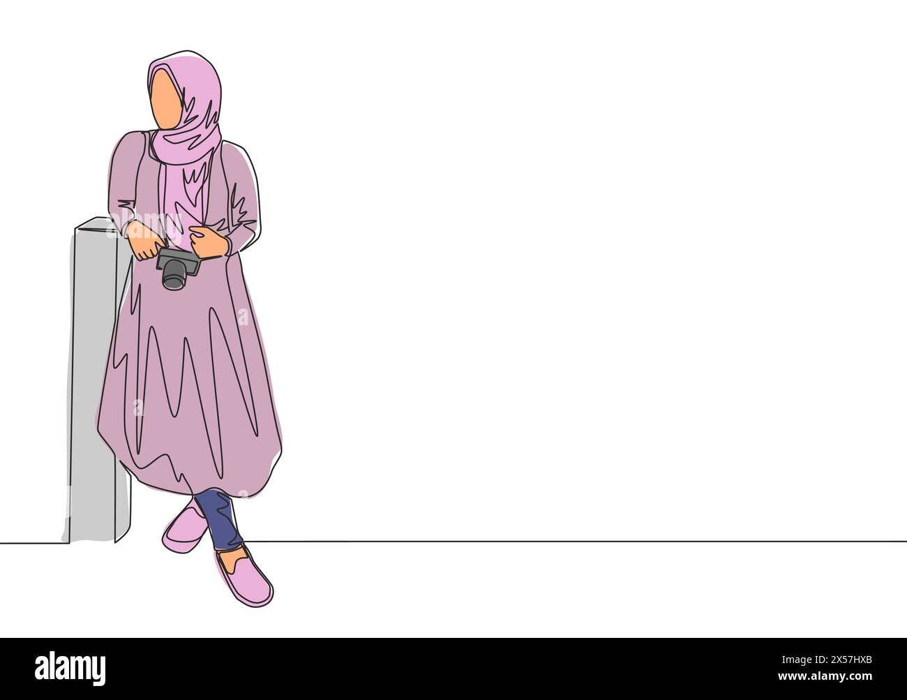 One continuous line drawing of young happy muslim girl with veil ...