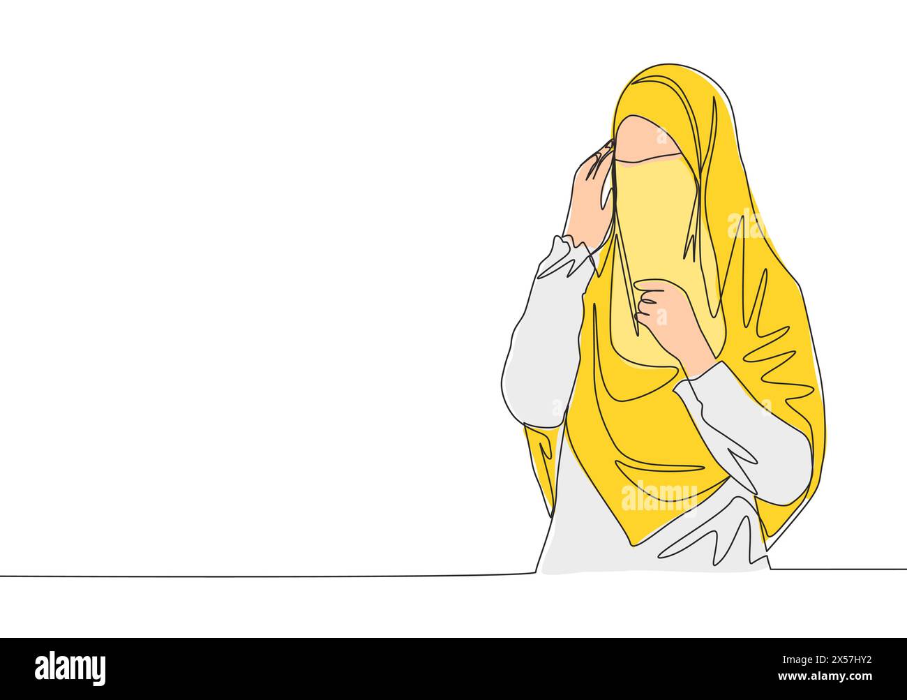 One continuous line drawing of young happy cute saudi arabian muslimah ...