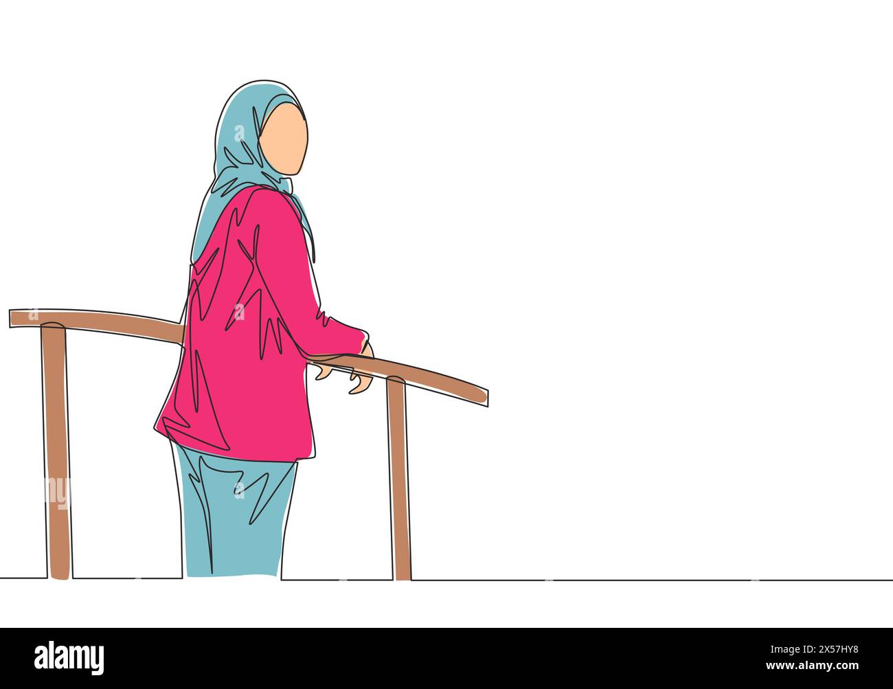 One single line drawing of young happy muslimah wearing head scarf and ...
