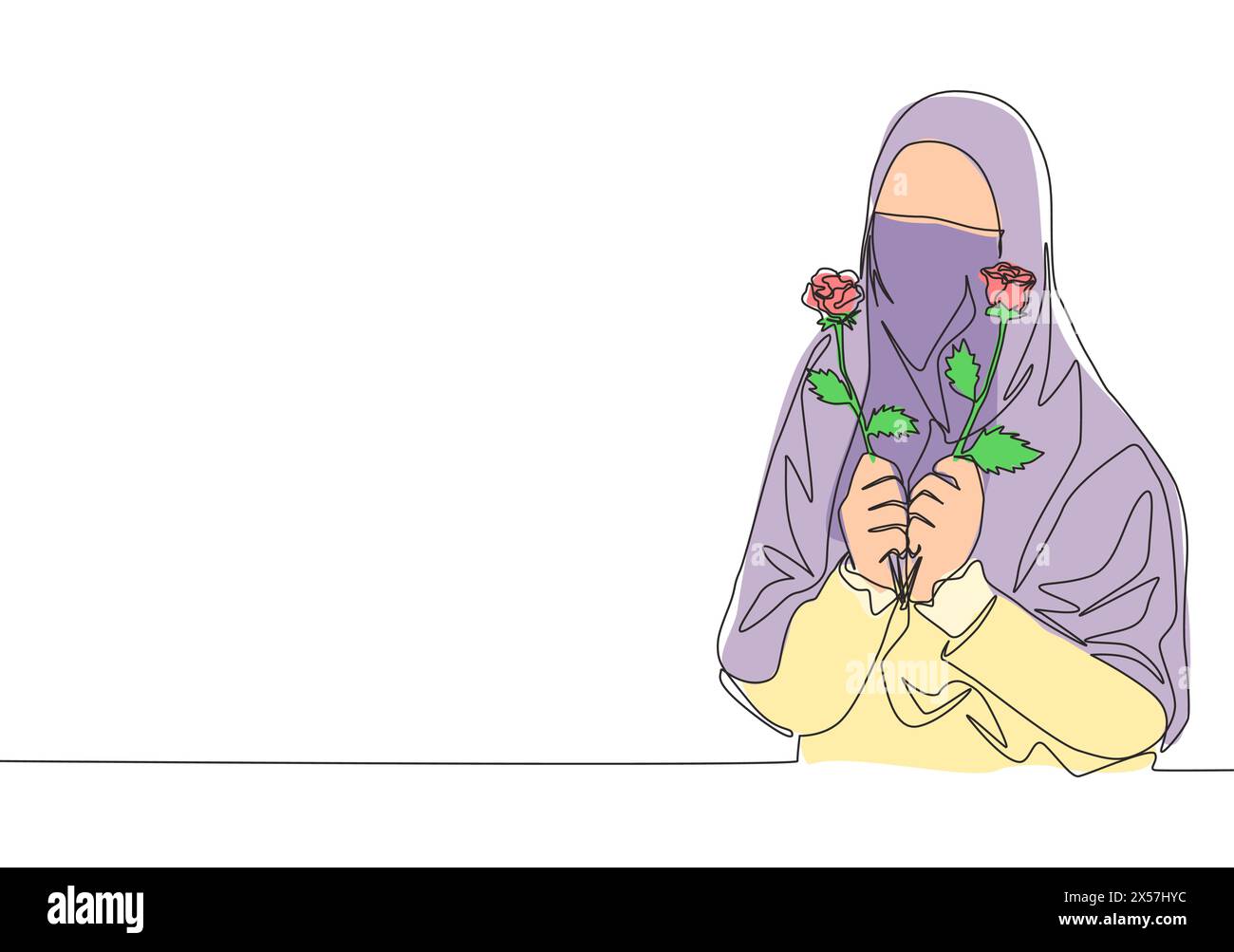Single continuous line drawing of young happy saudi arabian muslimah ...