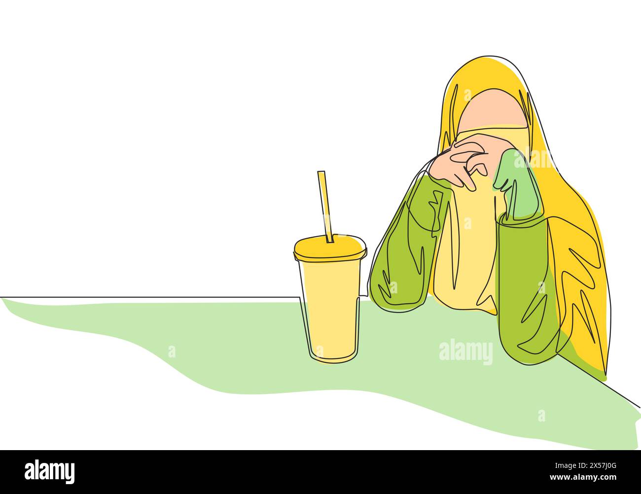 One continuous line drawing of young happy saudi arabian muslimah ...