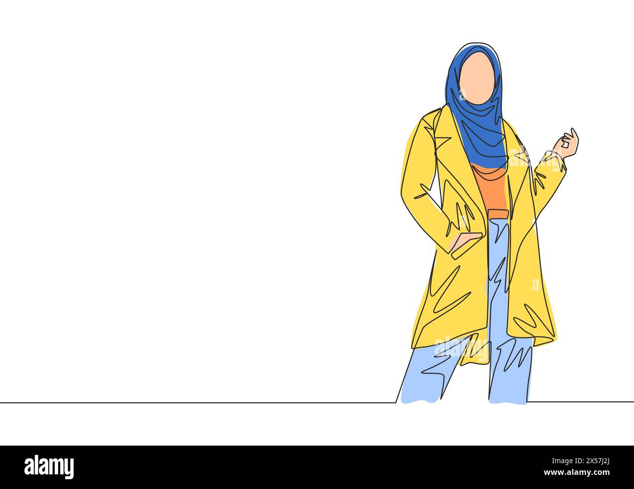 Single continuous line drawing of young happy beautiful muslimah on ...