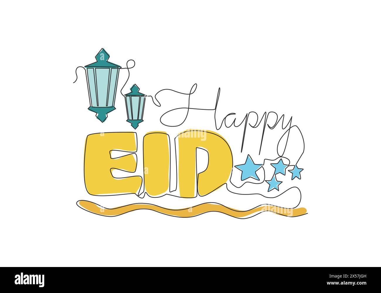 Single continuous line drawing of Happy Eid Al Fitr Mubarak and Ramadan ...