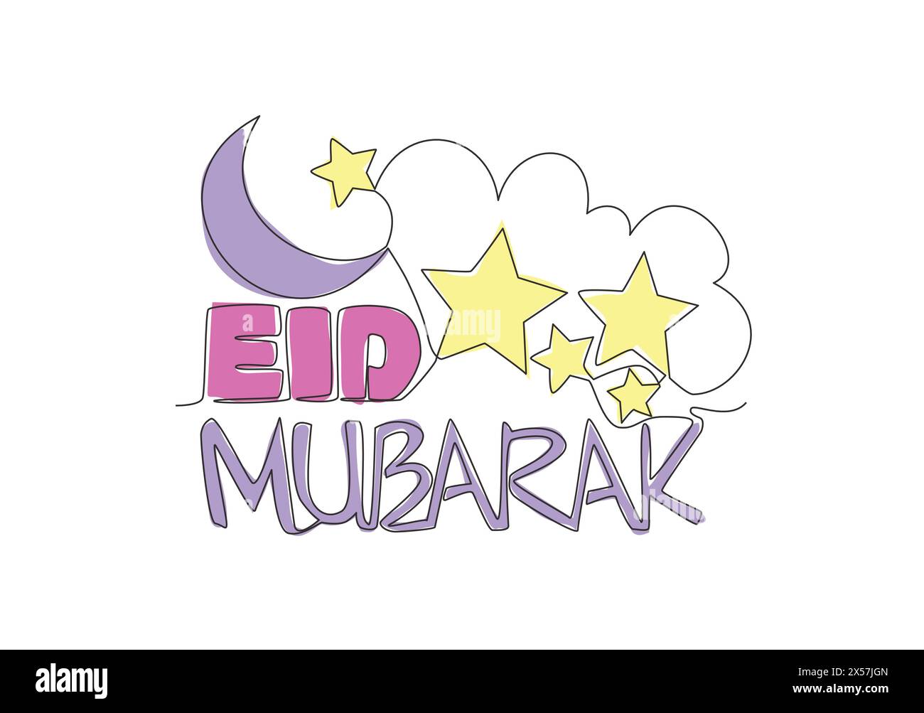 One continuous line drawing of Happy Eid Al Fitr Mubarak and Ramadan ...