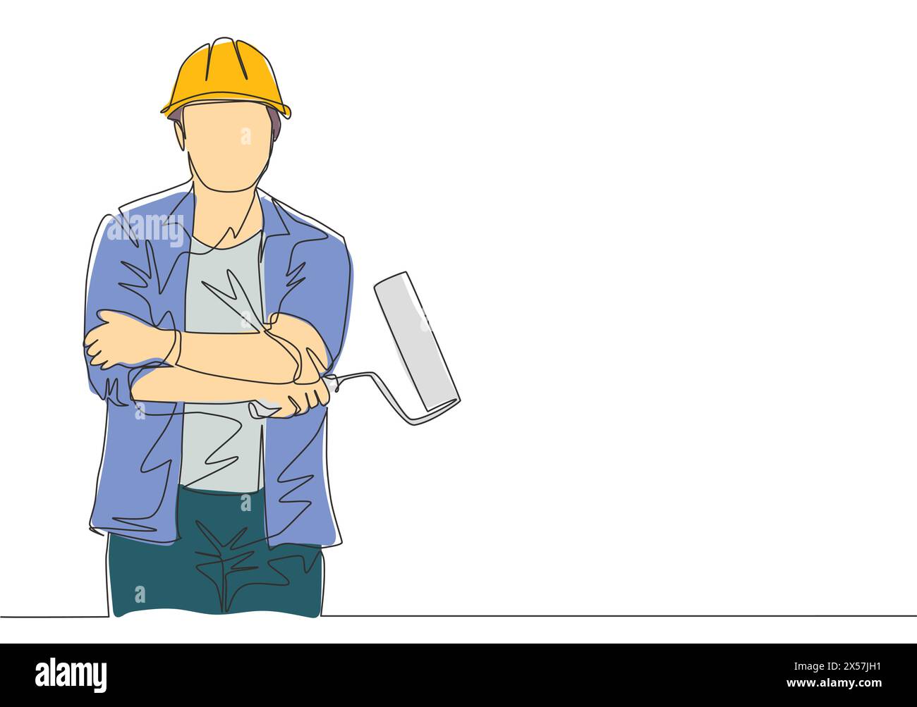 Single continuous line drawing of young handyman wearing building ...