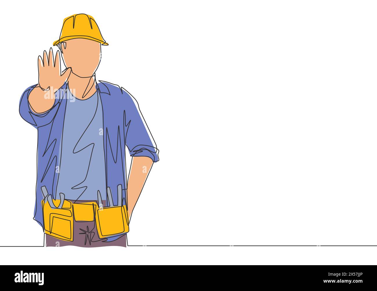 One continuous line drawing of young handyman lift his hands and giving ...