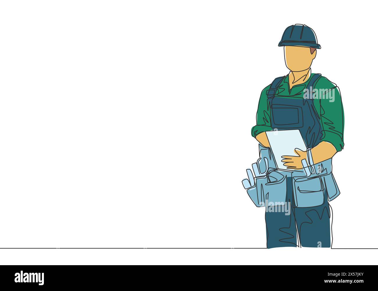 One continuous line drawing of young workman wear building construction ...