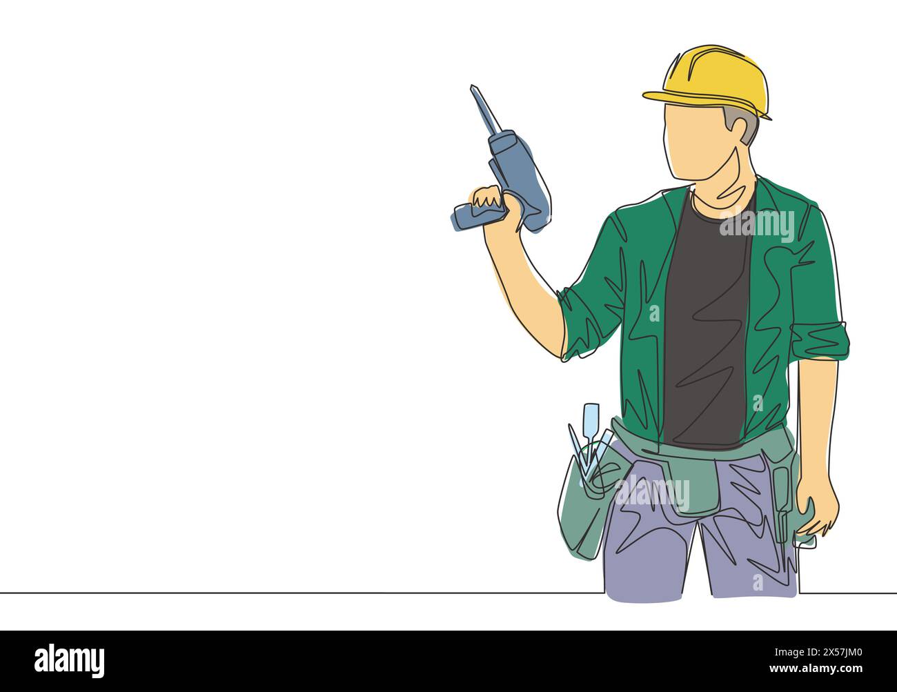 One single line drawing of young handyman wearing uniform while holding ...