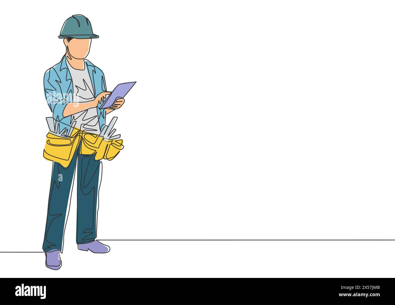One Continuous Line Drawing Of Young Building Foreman Controlling Workman Work At Construction