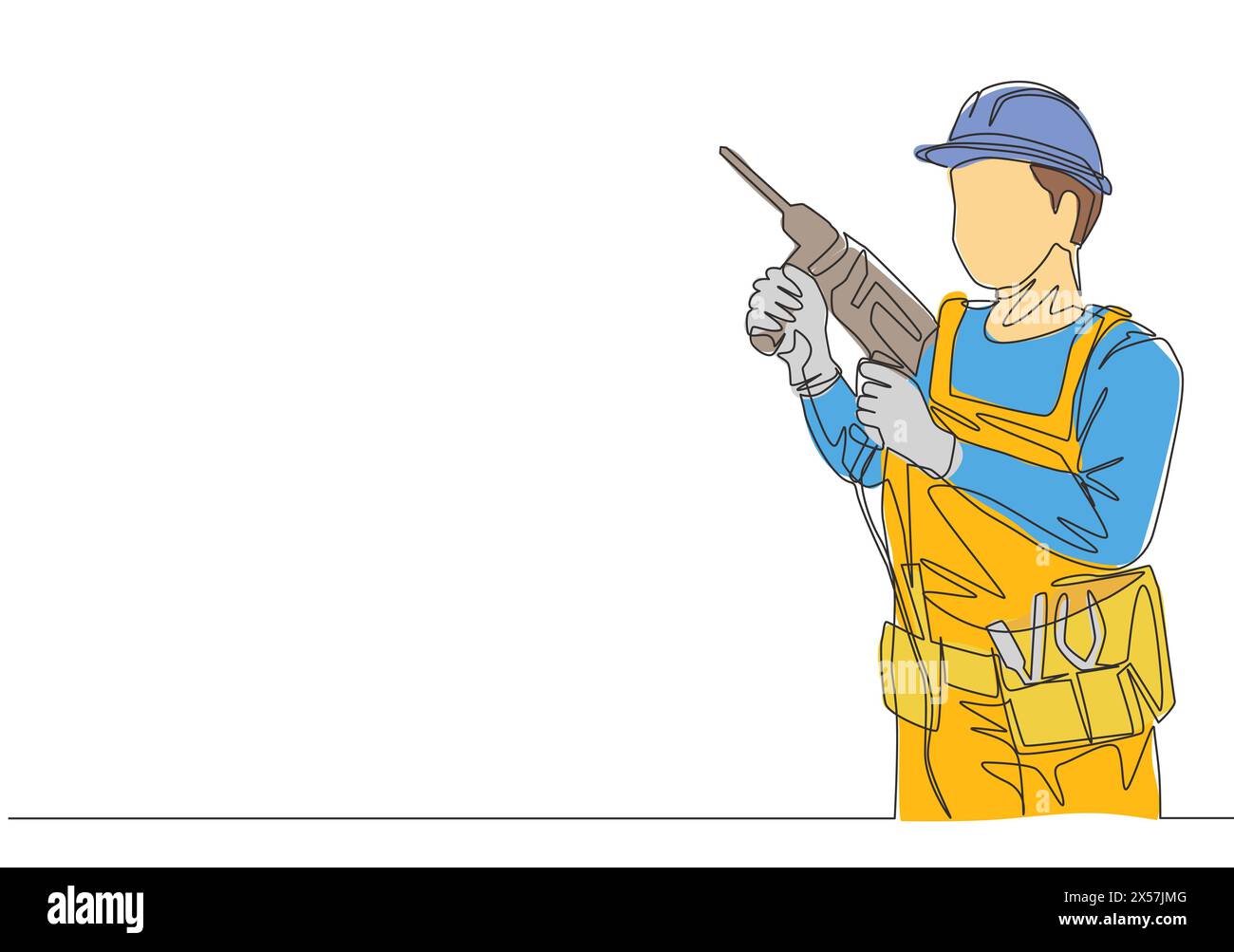 One continuous line drawing of young handyman holding drill machine ...