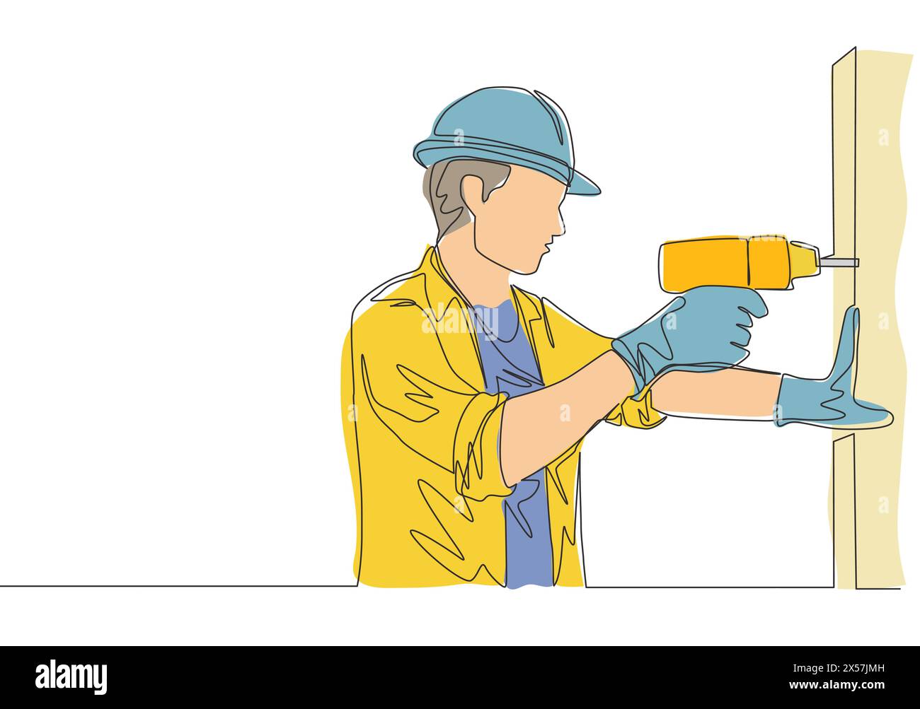 One continuous line drawing of young handsome handyman drilling wooden ...