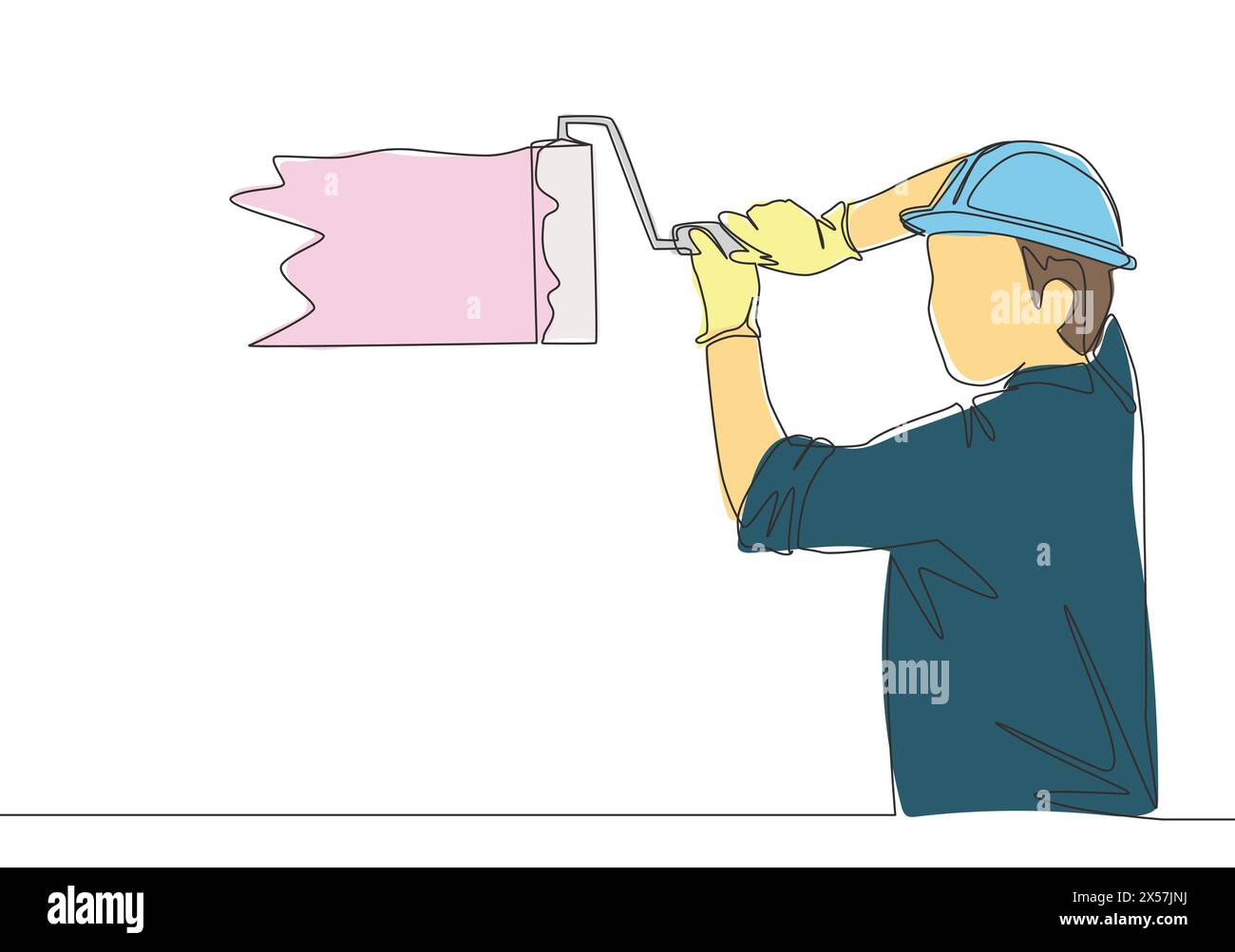 Single continuous line drawing of young handyman painting house wall ...