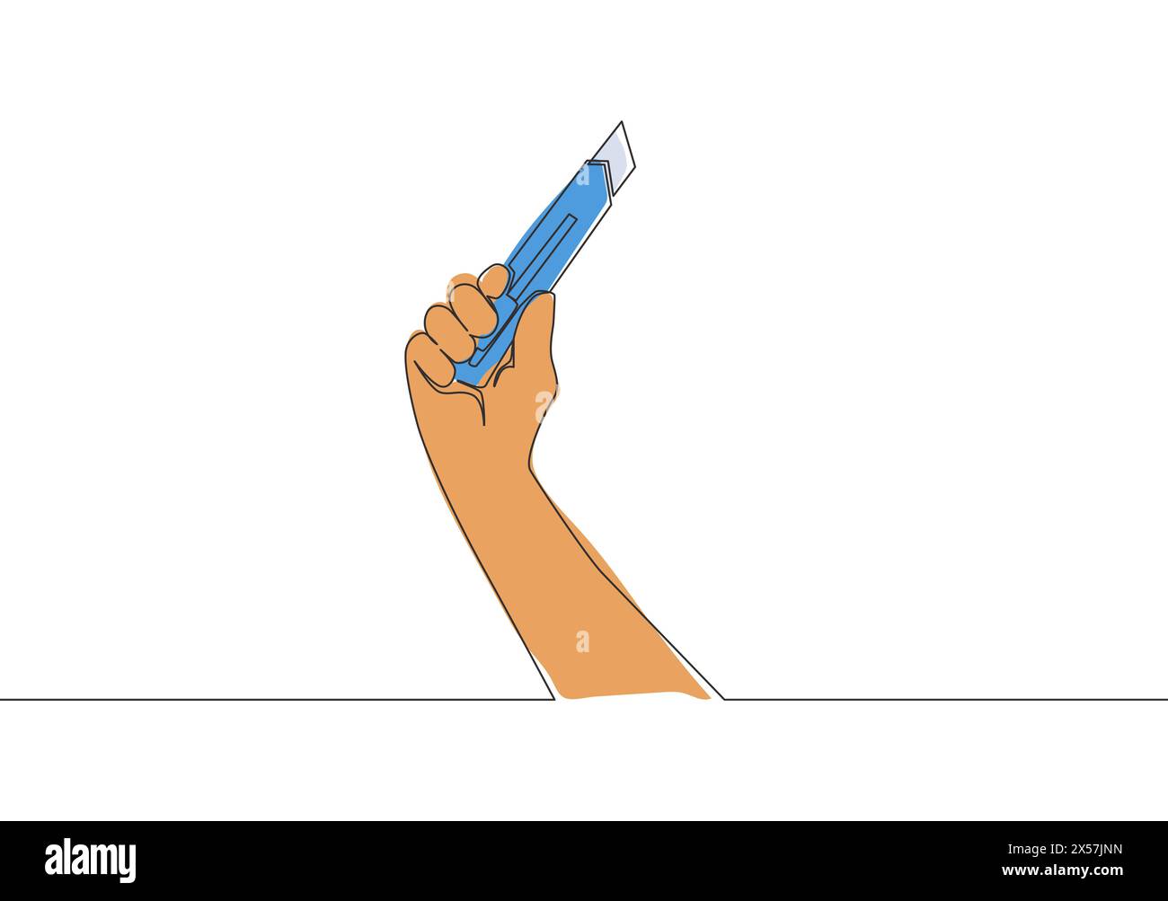 One single line drawing of man holding cutter knife. Handyman tools ...